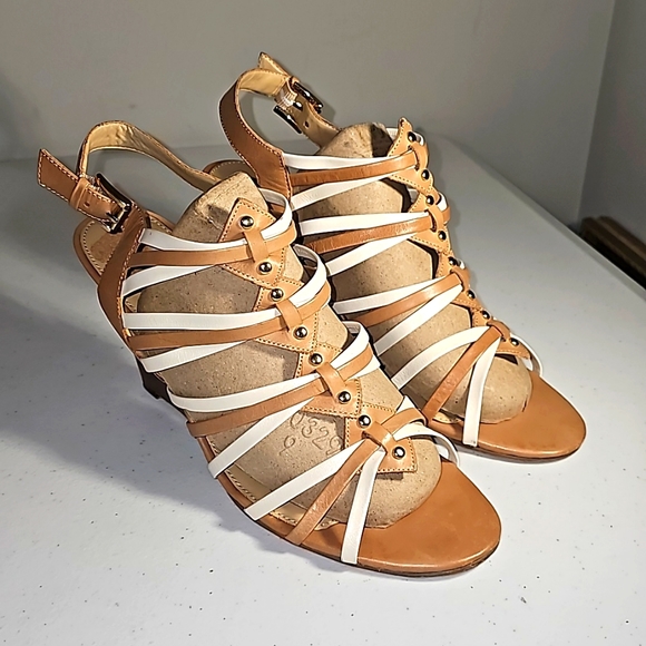 Ivanka Trump | Shoes | Ivanka Trump Strappy Tan White Boo Wedge Sandals ...